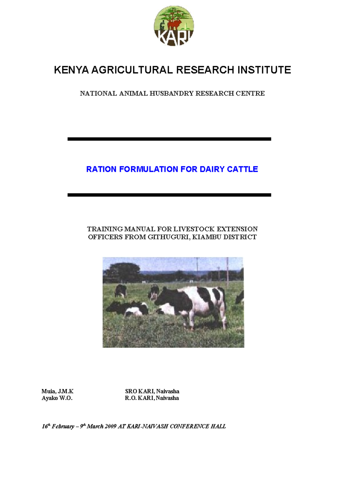 Ration Formulation for Dairy Cattle: Training Manual for Livestock ...