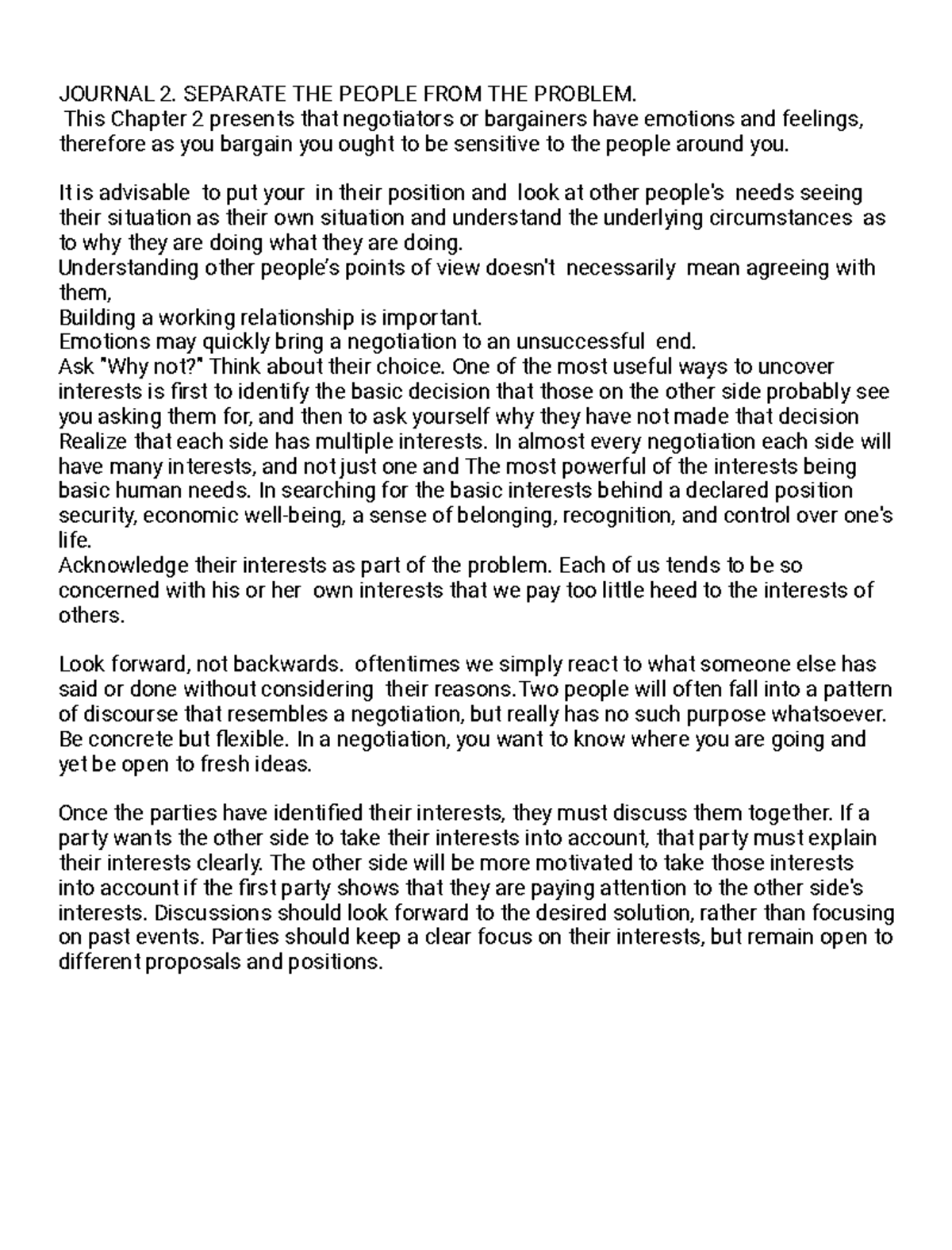 Journal - Summary - JOURNAL 2. SEPARATE THE PEOPLE FROM THE PROBLEM ...