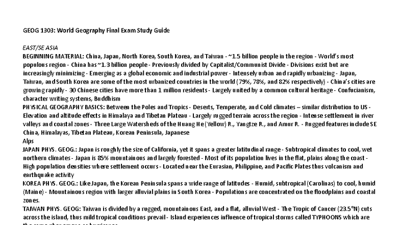GEOG 1303: World Geography Final Exam Study Guide for East/Southeast ...