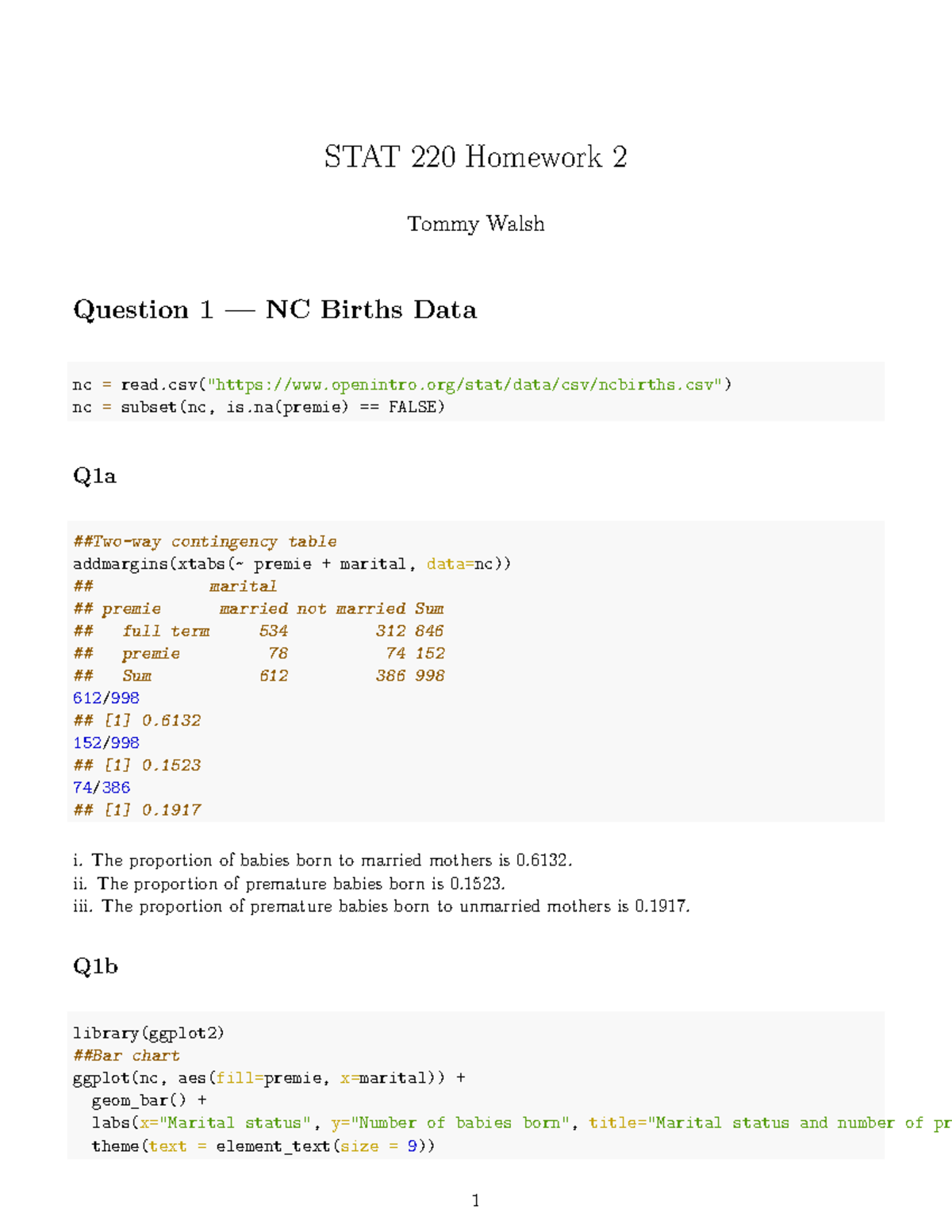 STAT 220 Homework 2 Analysis: Marital Status & Birth Outcomes - Studocu