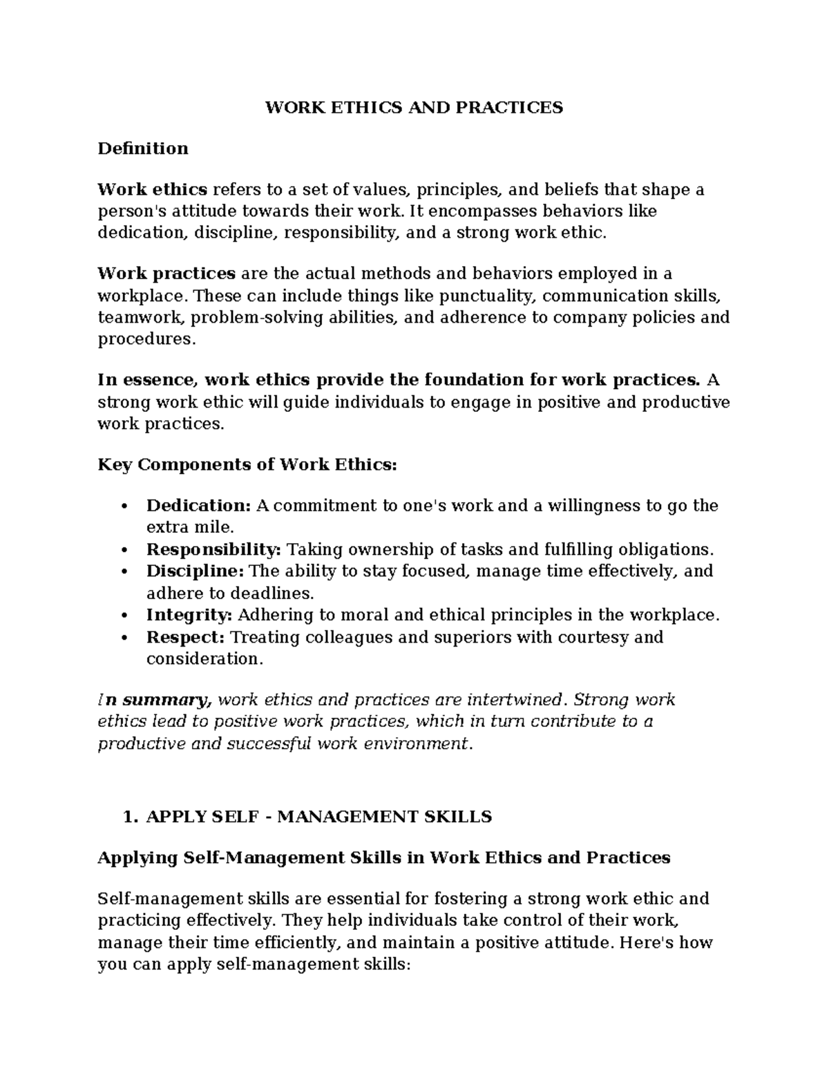 WORK Ethics AND Practices: Self-Management Skills Guide - Studocu