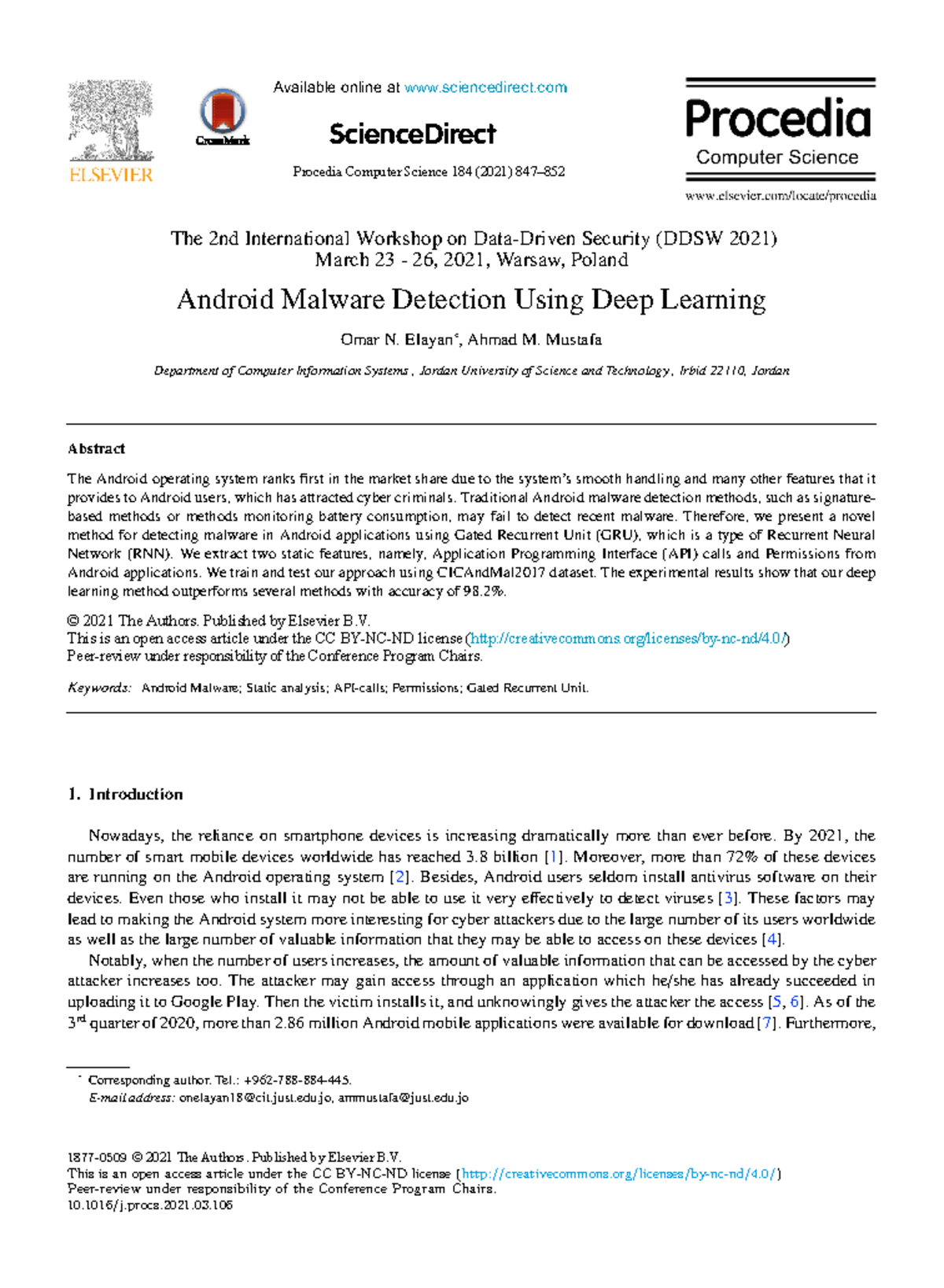 Android Malware Detection via Deep Learning: A Study (CS 184) - Studocu