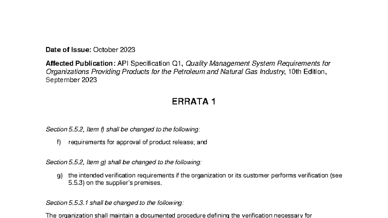 API Spec Q1 10th Ed. Errata 1: Quality Management Updates - Studocu