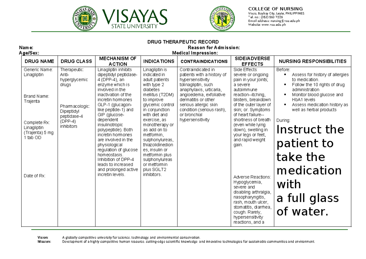 Linagliptin Drug Study: Therapeutic Record & Nursing Guidelines - Studocu