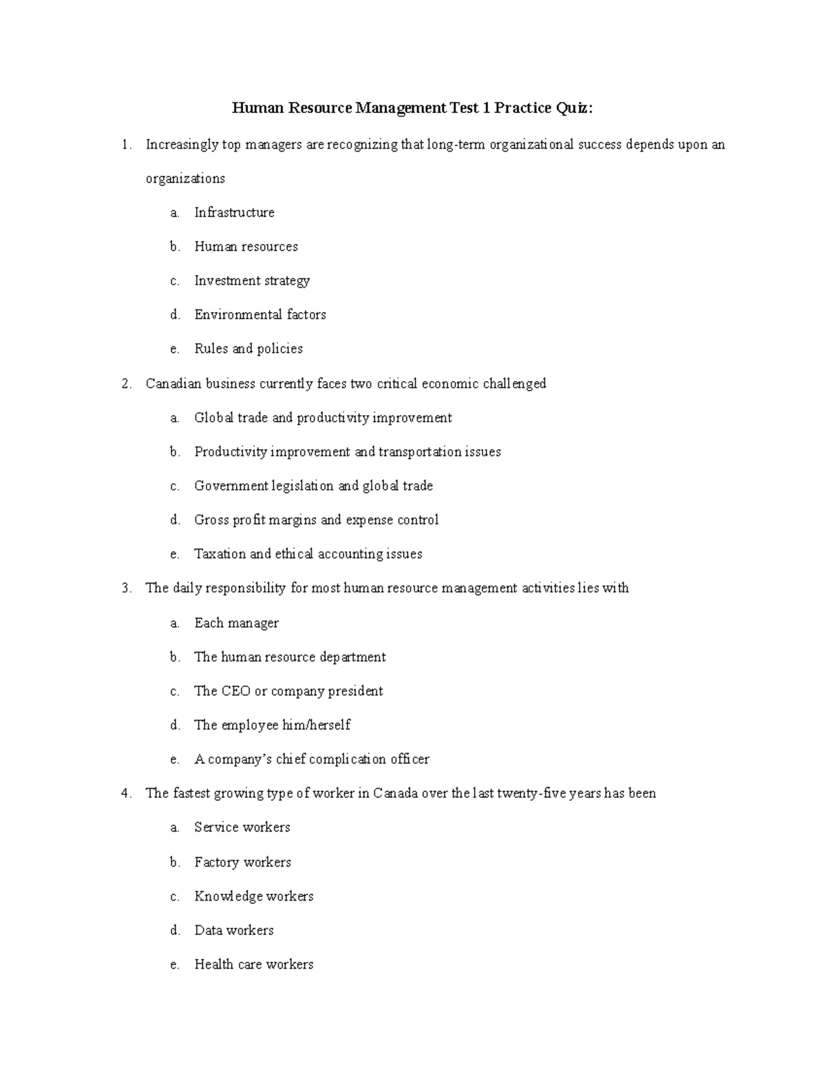 Human Resource Management Test 1 Practice Quiz - Infrastructure b ...