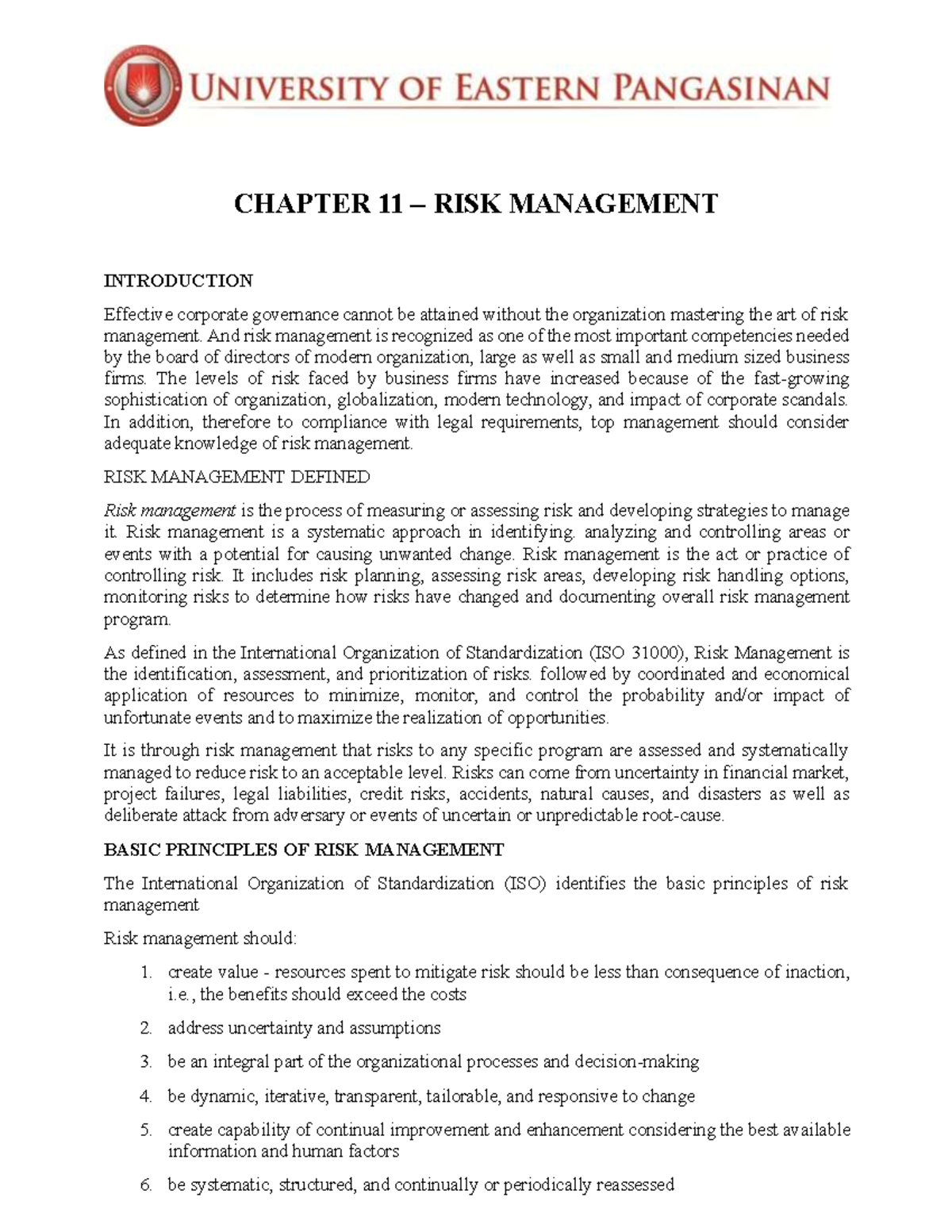 Governance - Chapter 11: Understanding Risk Management Principles - Studocu