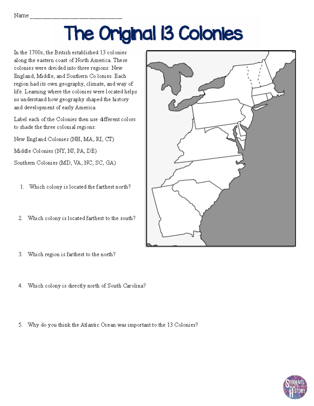 13 Colonies Map Worksheet: Geography & Regions Analysis - Studocu