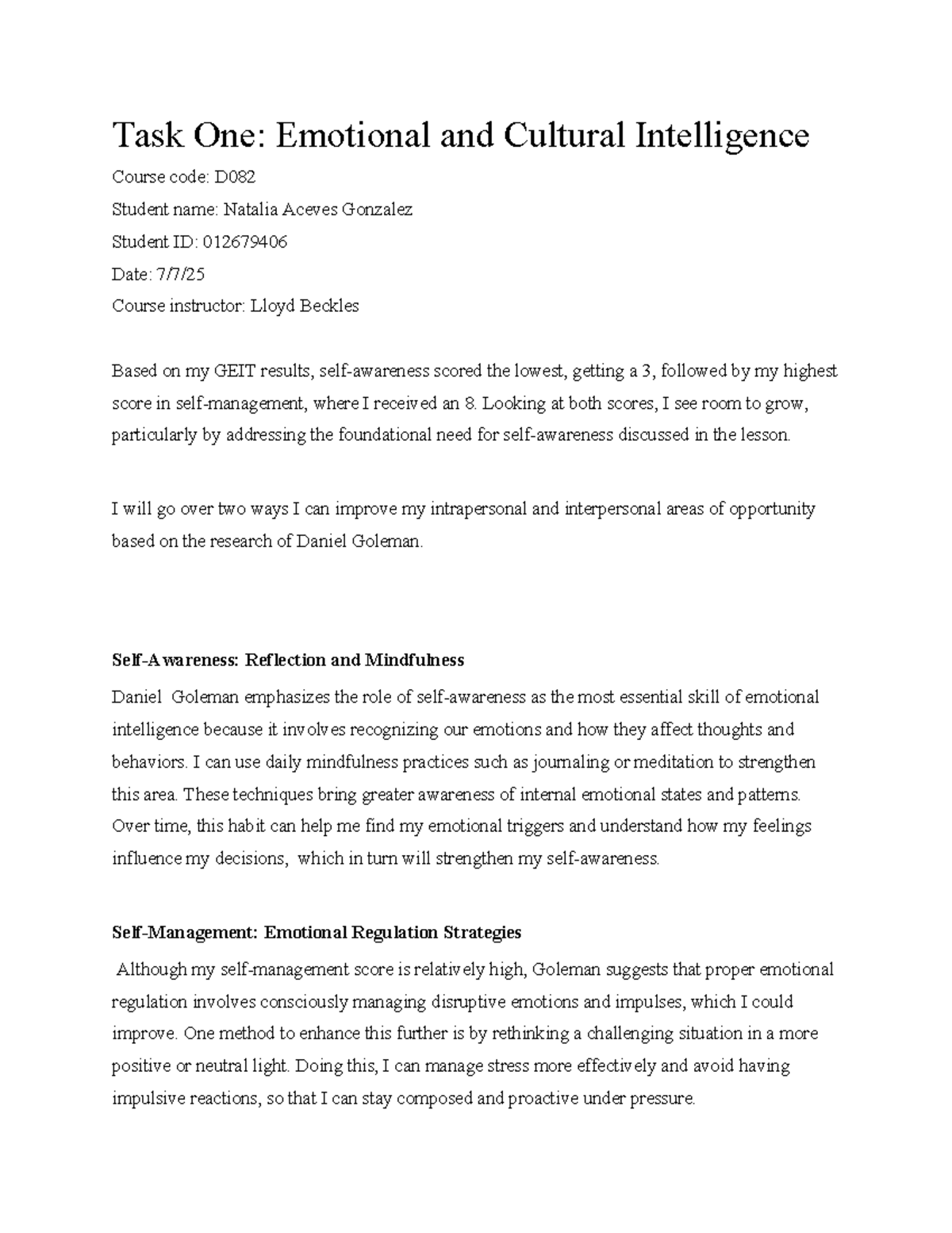 D082 Task 1: Enhancing Emotional & Cultural Intelligence Skills - Studocu
