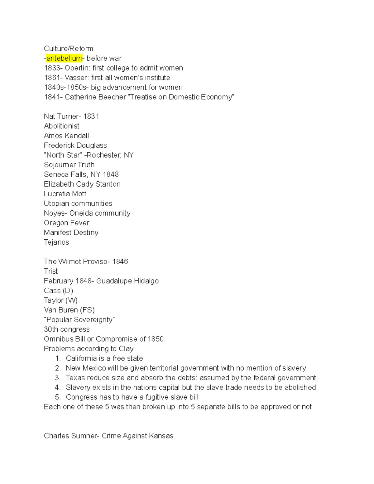 Am. Hist. Notes - Culture/Reform antebellum- before war 1833- Oberlin ...