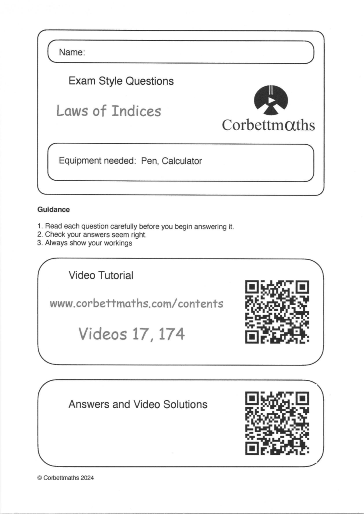 Laws of Indices Exam Style Questions - Corbettmaths 2024 - Studocu