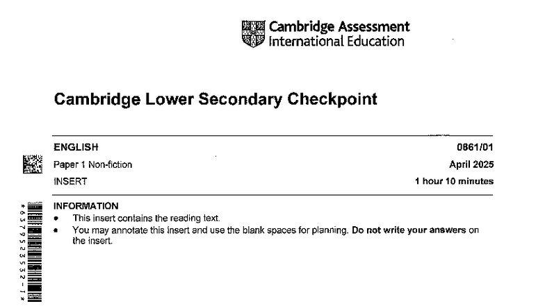 Cambridge Lower Secondary Checkpoint ENGLISH 2025 Paper 1 Insert - Studocu