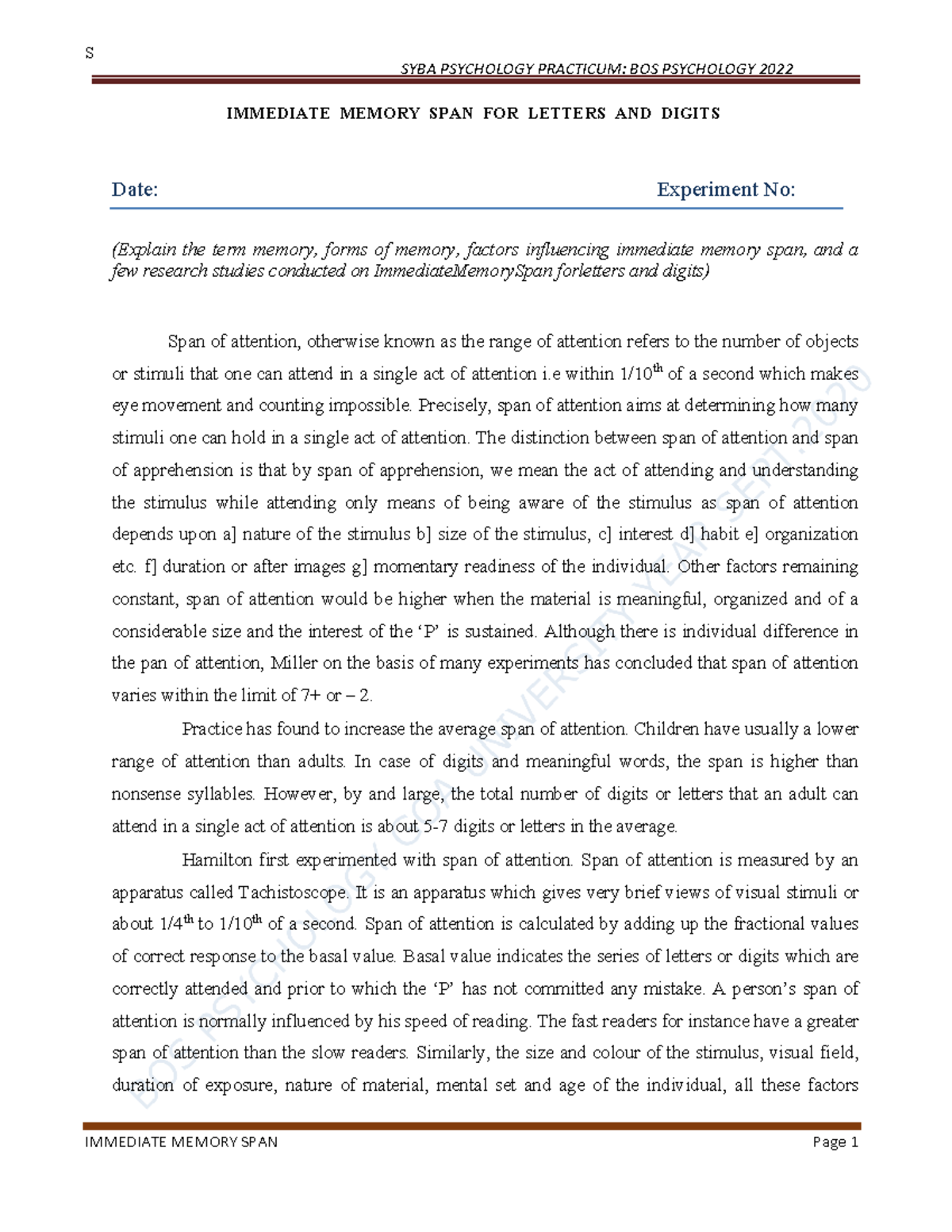 S SYBA PSYCHOLOGY PRACTICUM: BOS PSYCHOLOGY 2022 IMMEDIATE MEMORY SPAN ...