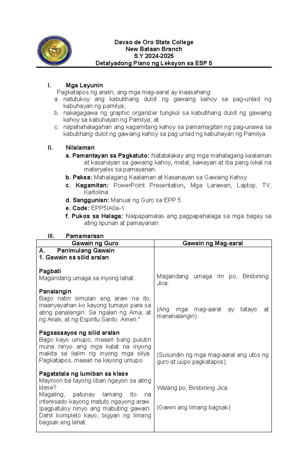 EPP 5 Detailed Lesson Plan on Woodworking and Its Benefits - Studocu