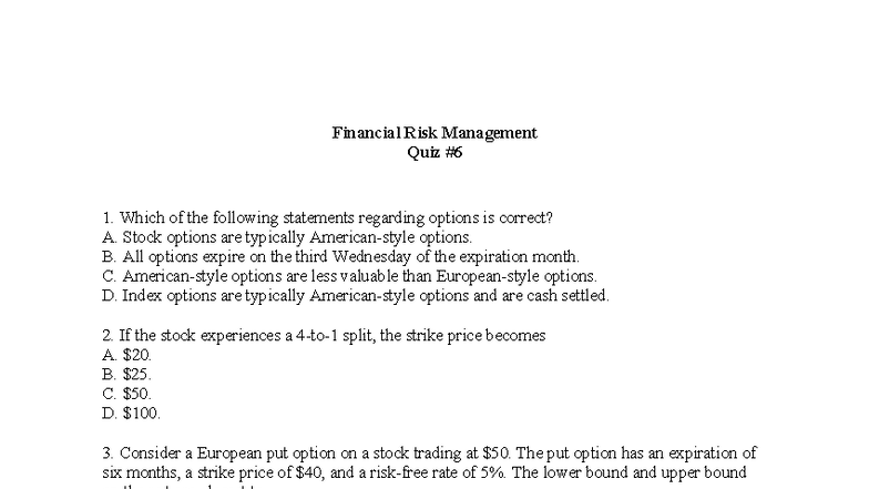 Financial Risk Management Quiz 6 - Bài Tập - Studocu