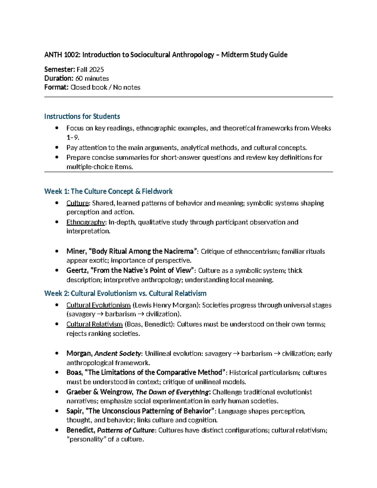 ANTH 1002: Intro to Sociocultural Anthro Midterm Study Guide Fall 2025 ...