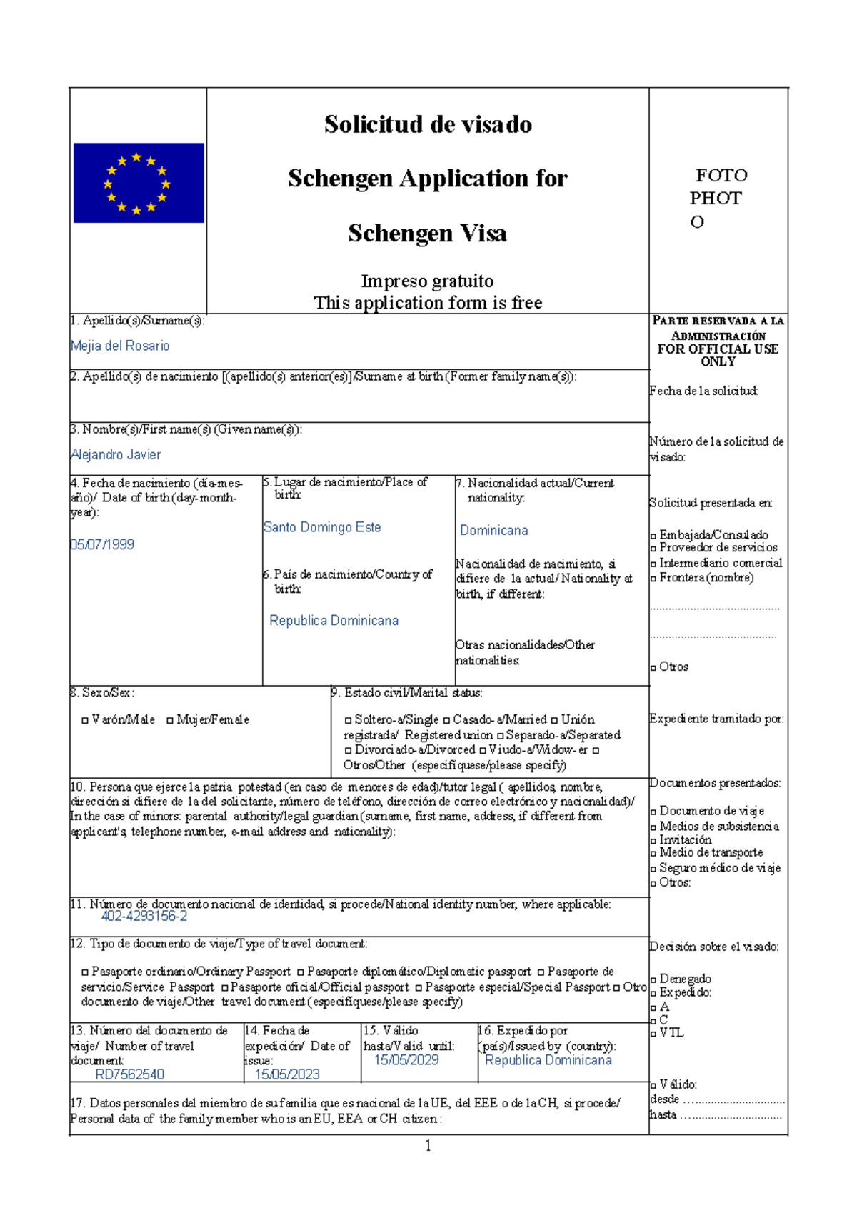 Solicitud de Visado Schengen - Formulario Bilingüe Esp-Ingl - Studocu