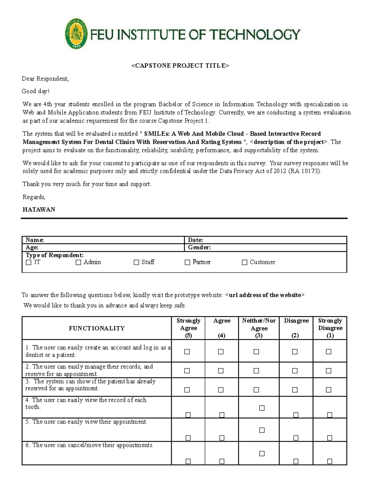 Capstone Project 1: Survey Questionnaire for SMILEs Evaluation - Studocu