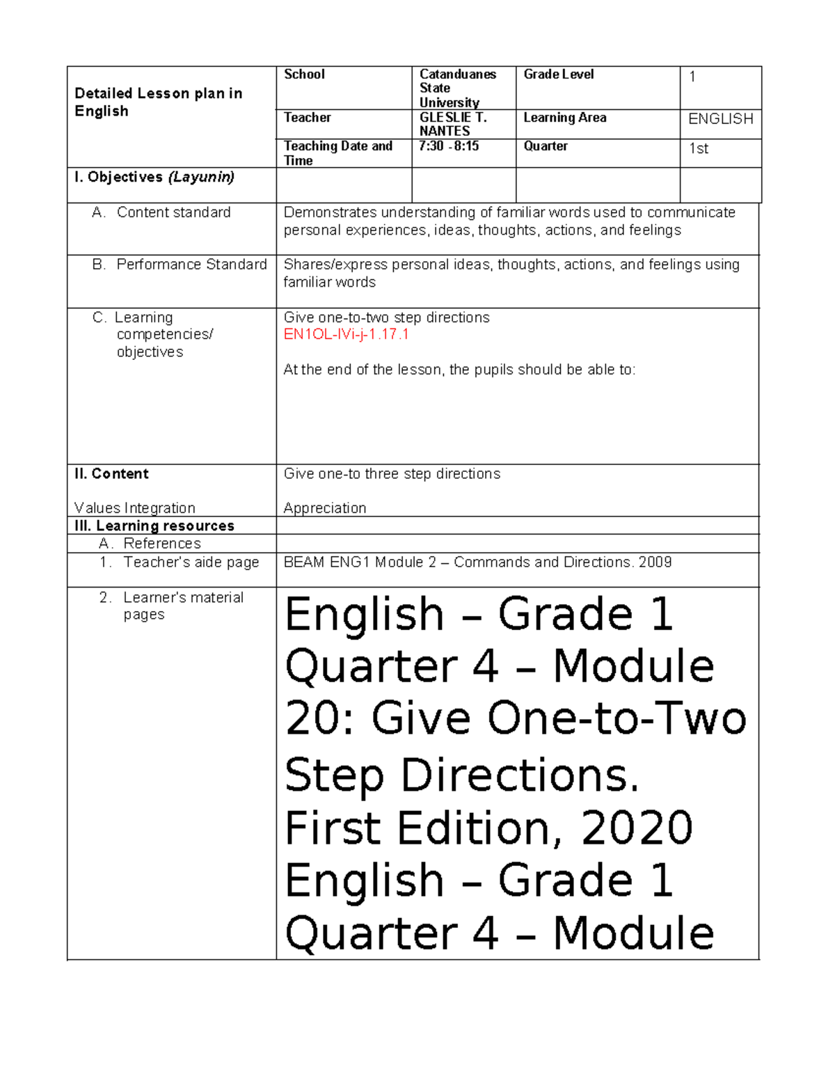 Detailed Lesson Plan in English for Grade 1 - DO-42-S - Studocu