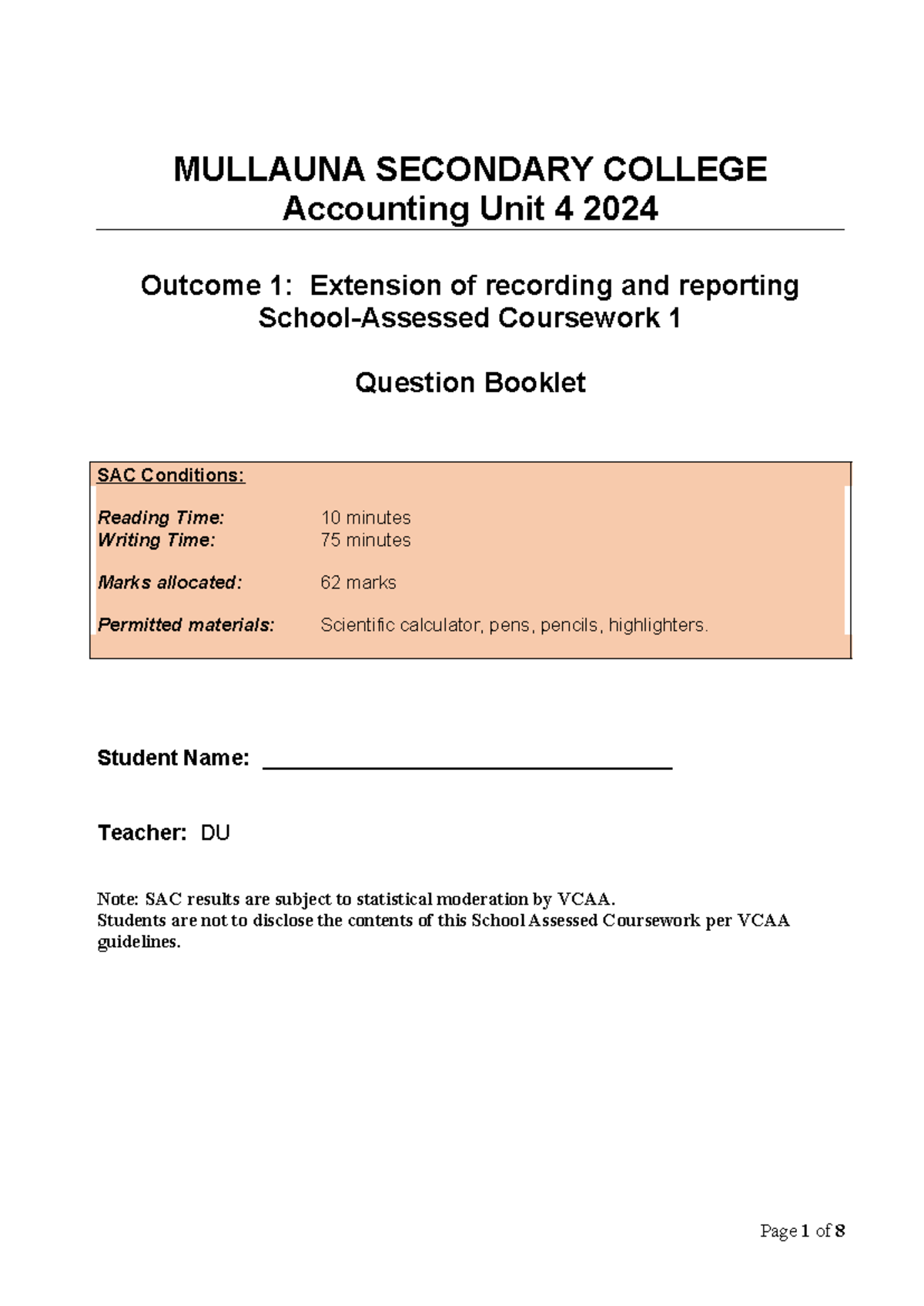 2024 Accounting Unit 4 SAC 1: Question Booklet for Coursework - Studocu
