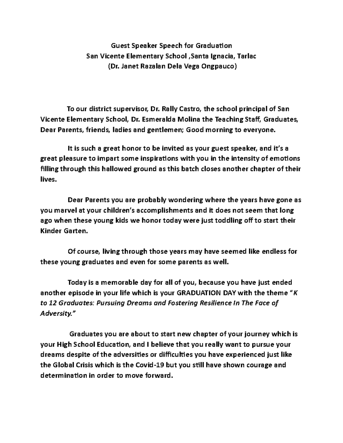 Preschool Graduation Speech Ideas