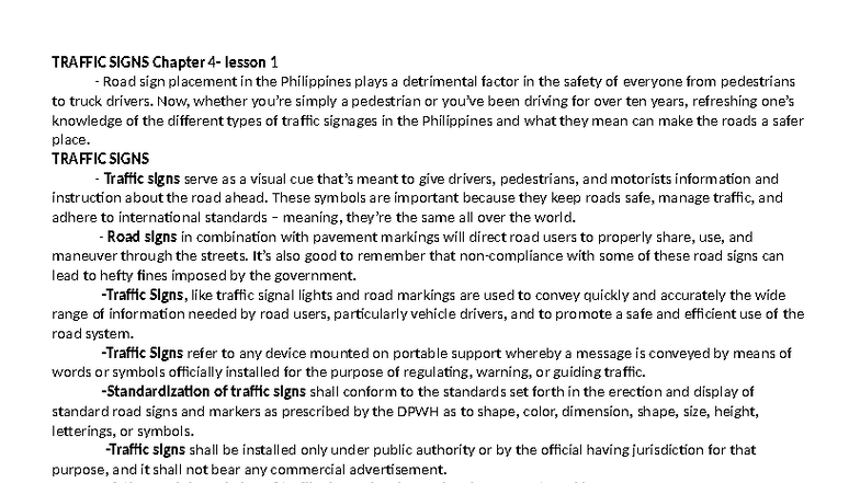 CDI 4 Chapter 1: Traffic Signs and Road Safety in the Philippines - Studocu