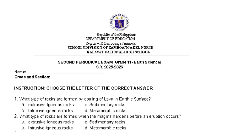 Grade 10 Earth Science 2nd Periodical Exam (S.Y. 2023-2024) - Studocu