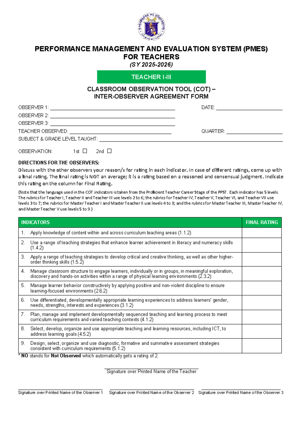 COT Inter-Observer Agreement Form for Beginning to Proficient Teacher ...