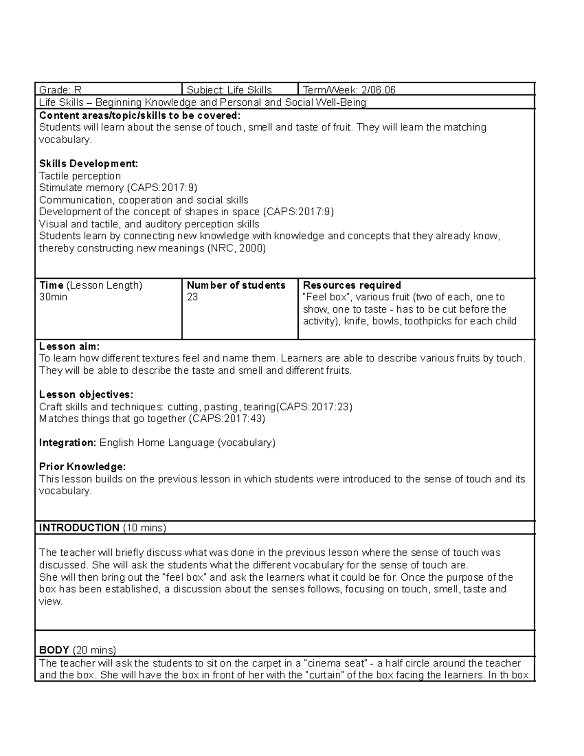 Lesson Plan - Life Skills R - Beginning Knowledge on Fruits and Senses ...