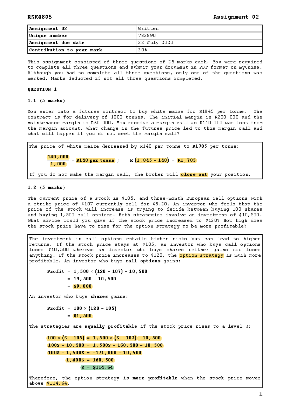 RSK4805 Assignment 02 Solutions 2020 - Assignment 02 Written Unique number 782890 Assignment due ...