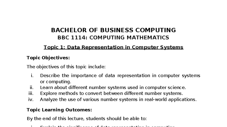 BBC Computing Mathematics: Topic 1 - Data Representation in Computer ...