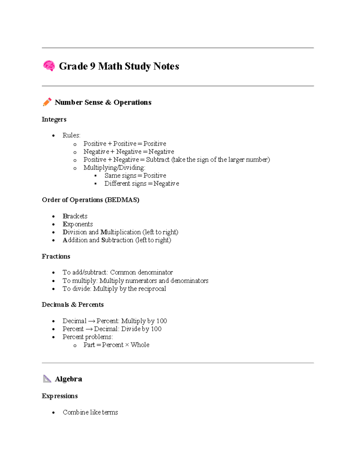 Grade 9 math study notes: number sense and operations overview - Studocu