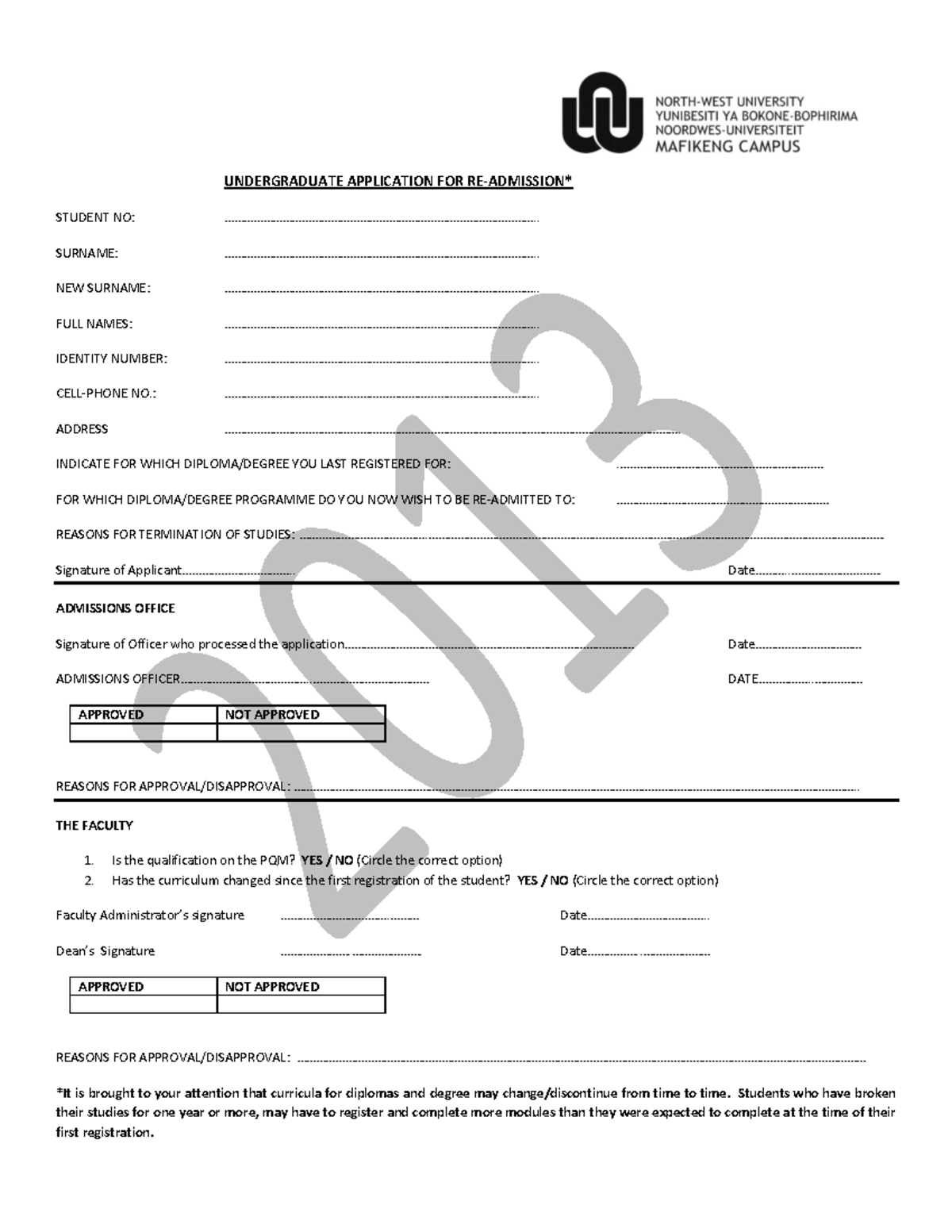 Undergraduate Application for Re-Admission 2013 - Studocu