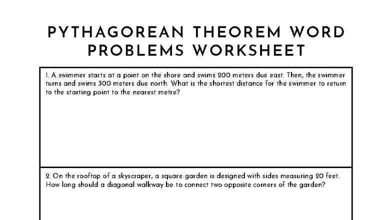 PYTHAGOREAN THEOREM WORD PROBLEMS WORKSHEET 1 WITH ANSWERS - Studocu