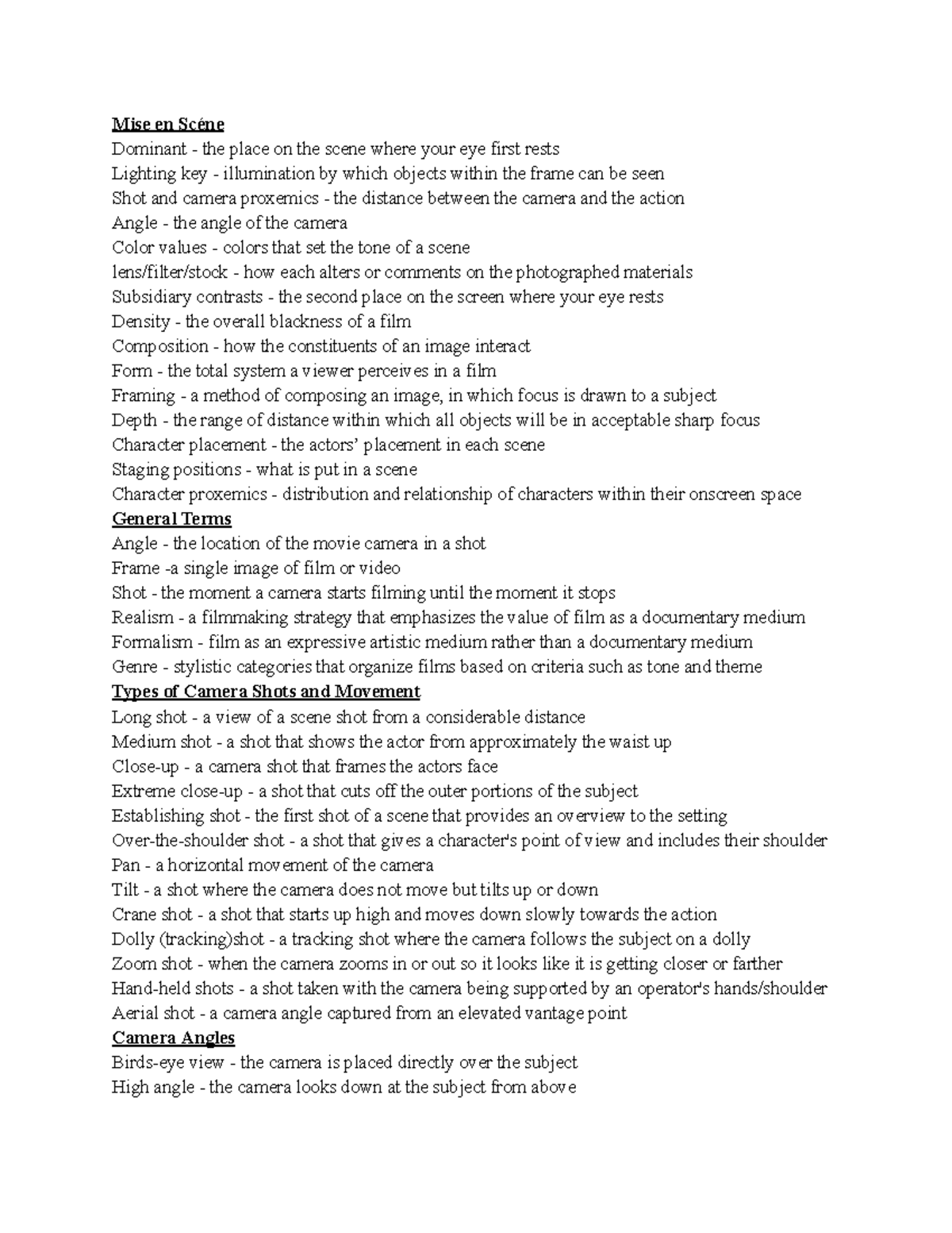 Film Study Vocab: Key Terms for Understanding Mise en Scène - Studocu