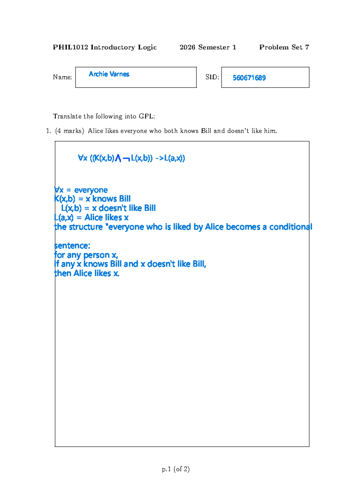 PHIL1012 Problem Set 7: Introductory Logic Translation Tasks - Studocu