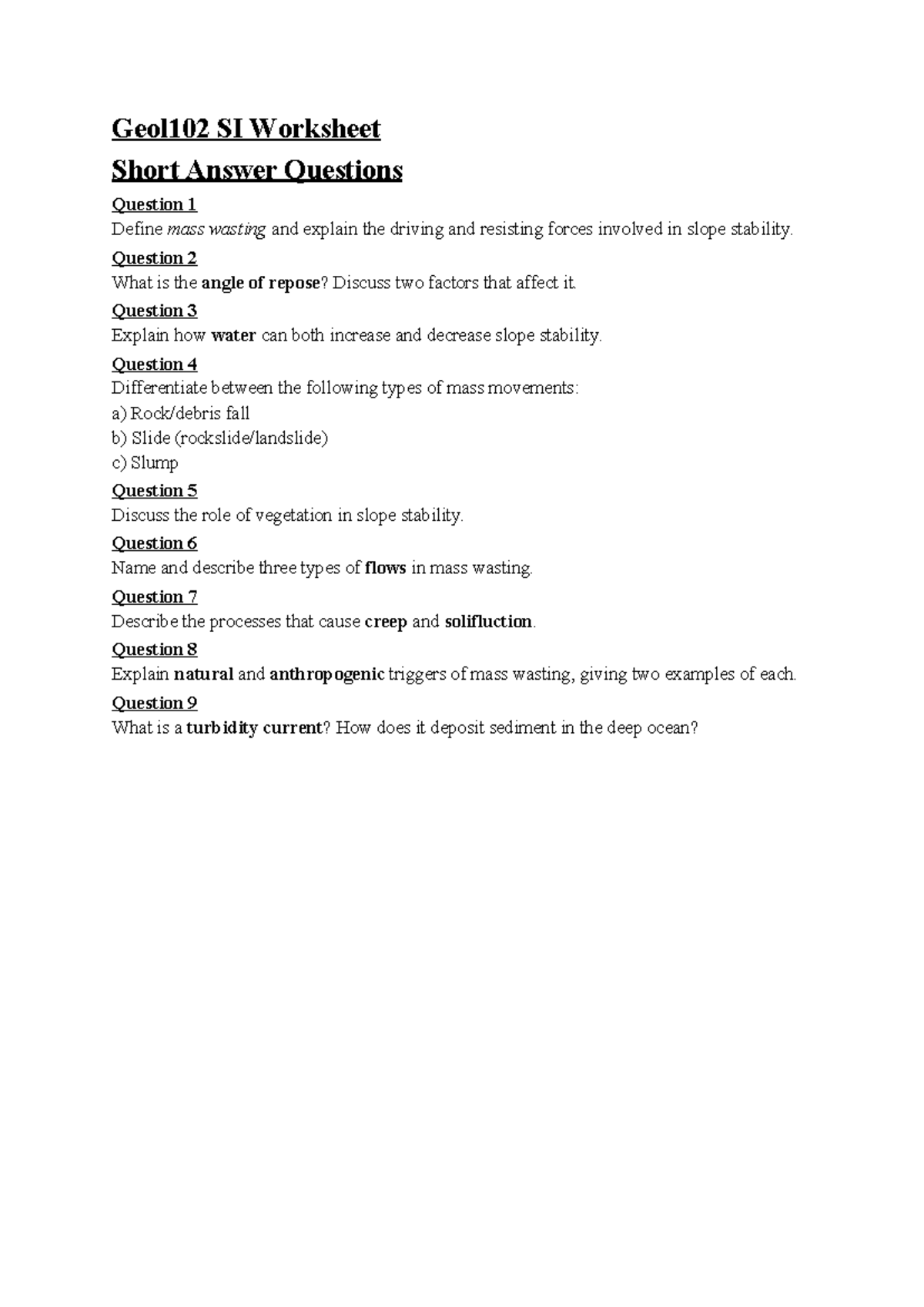 Geol102 SI Worksheet 6 - Mass Wasting Concepts and Questions - Studocu