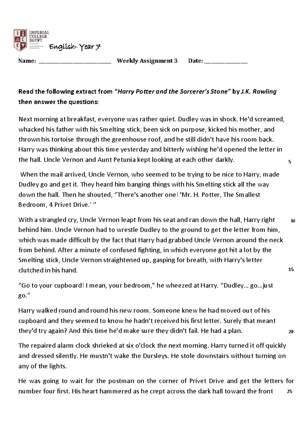 Year 7 English - Weekly Assignment 3: Analyzing J.K. Rowling's Text ...