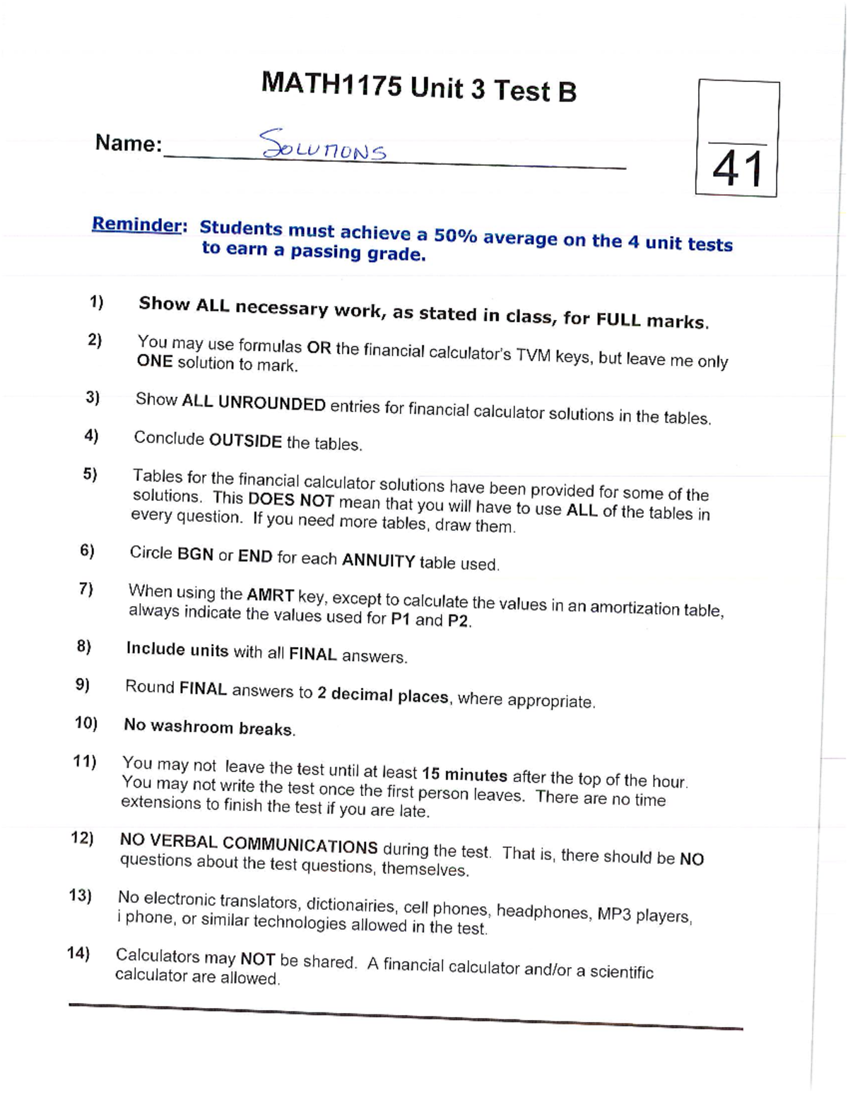 MATH1175 Unit 3 Test B Solutions Explained and Detailed Answers - Studocu