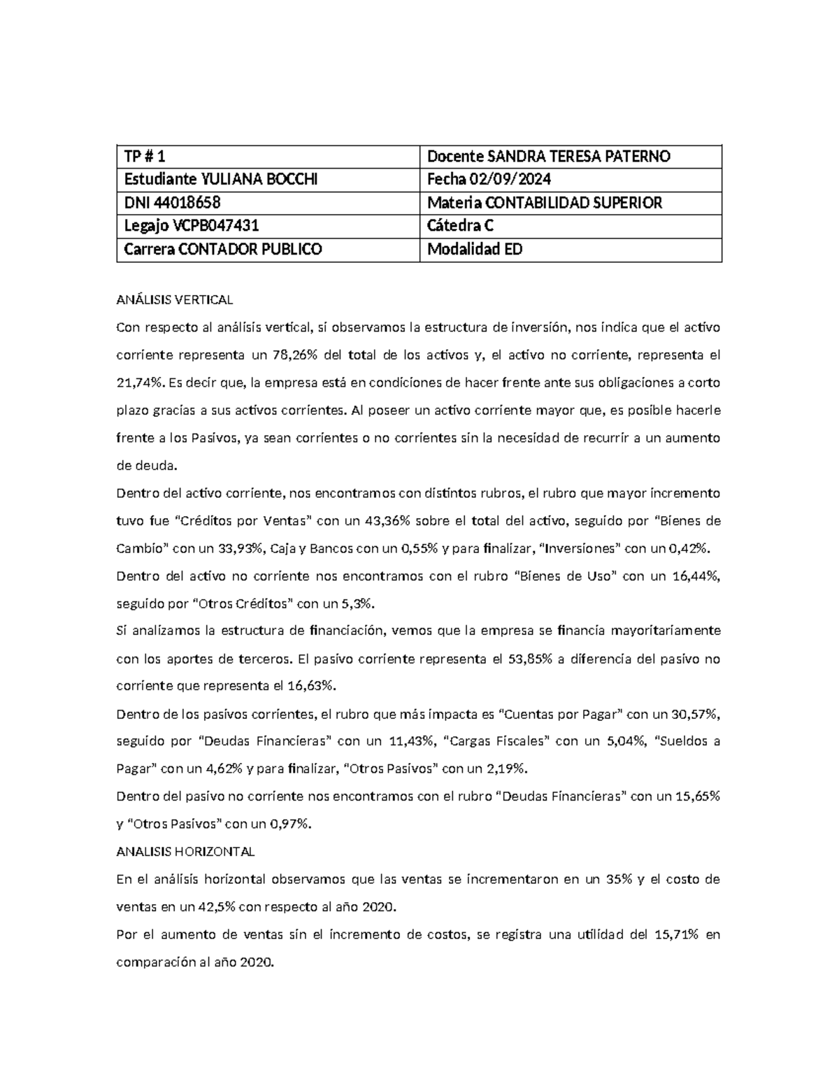 TP1 - Análisis vertical y horizontal en contabilidad superior - Studocu