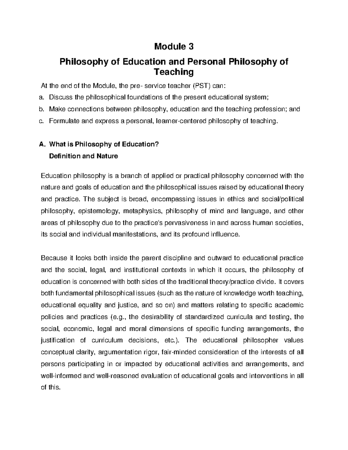 Module 3: Philosophy of Education and Personal Teaching Philosophy ...