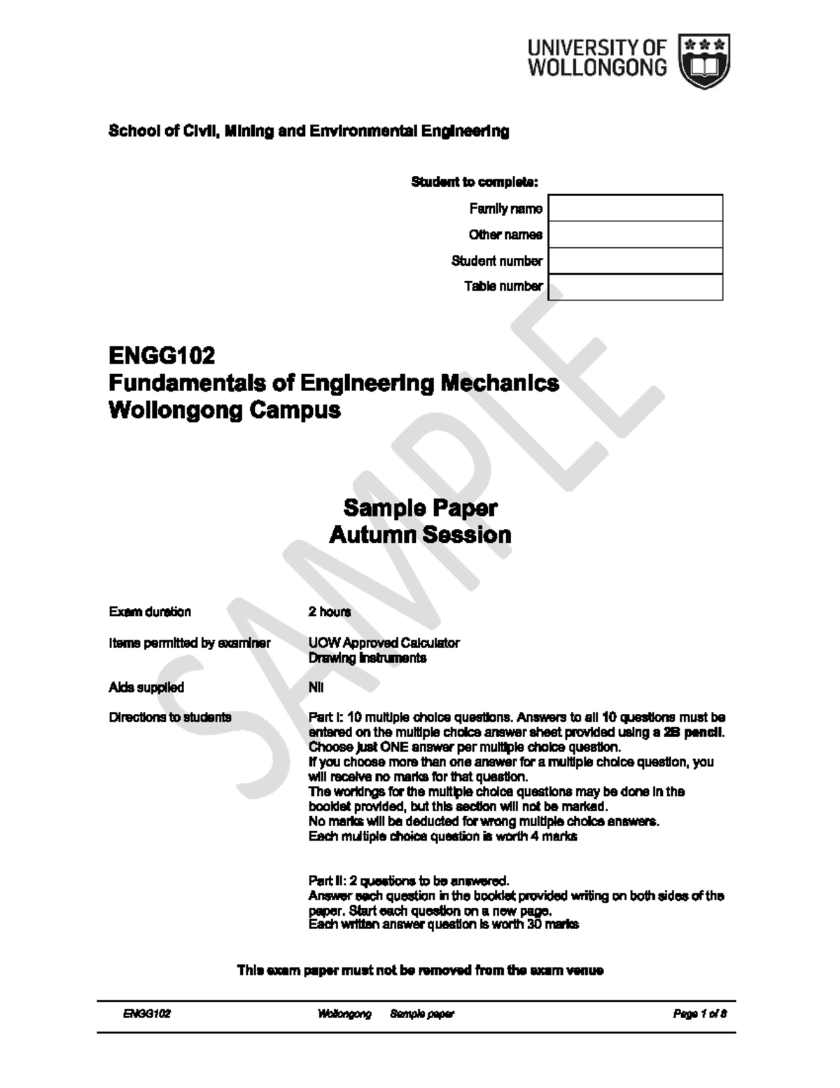 ENGG102 Fundamentals of Engineering Mechanics Sample Exam Paper - Studocu
