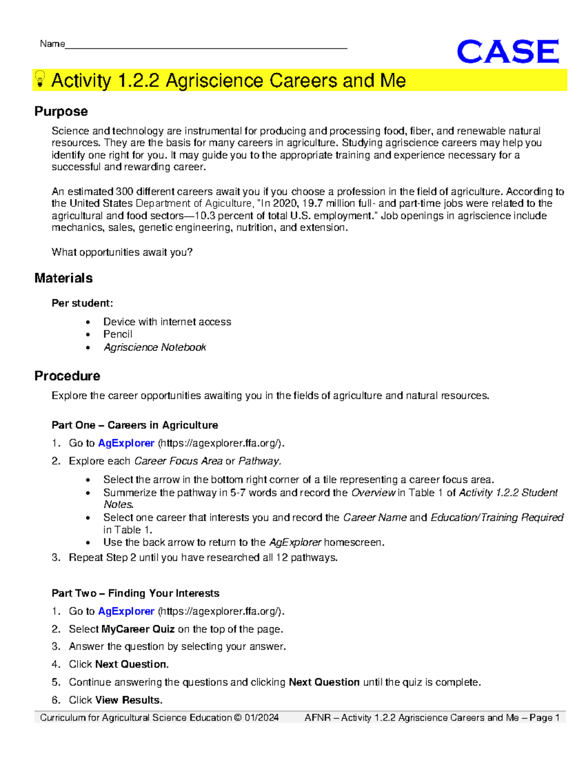 AFNR 1.2 Agriscience Careers Exploration Activity Guide - Studocu