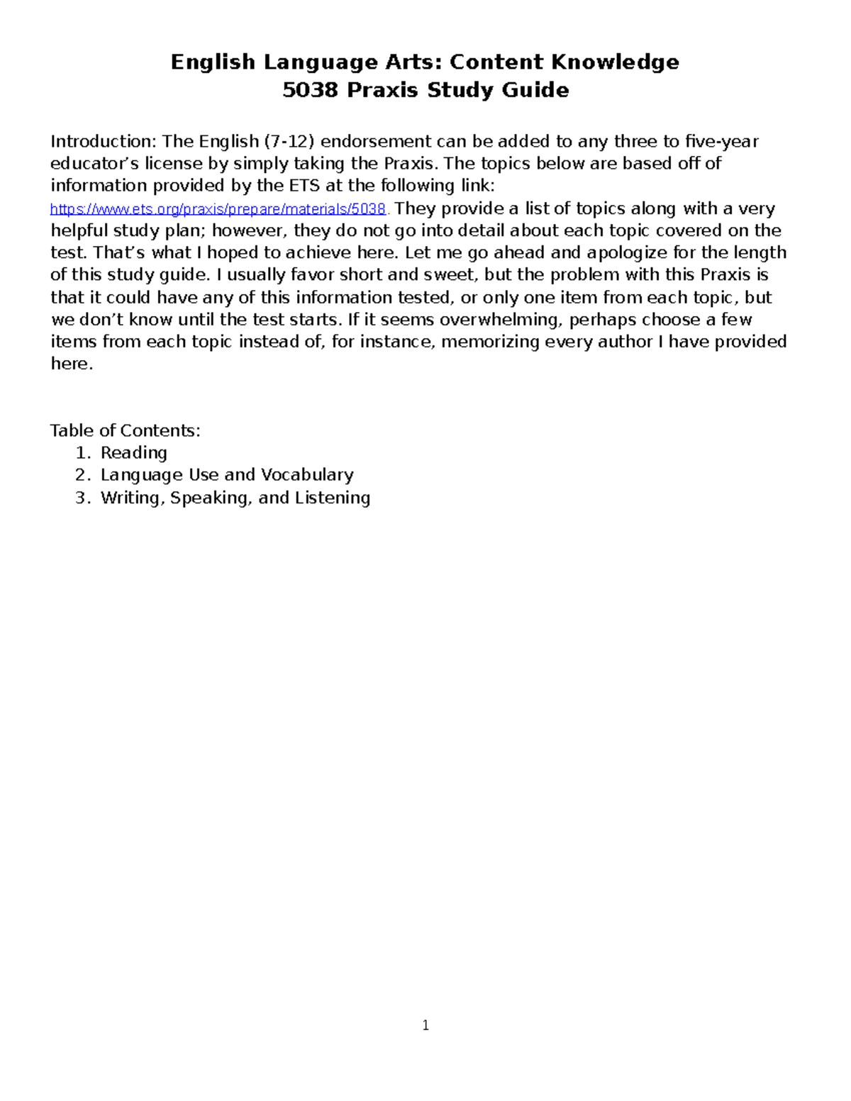 English 5038Praxis Study Guide-1 - English Language Arts: Content ...