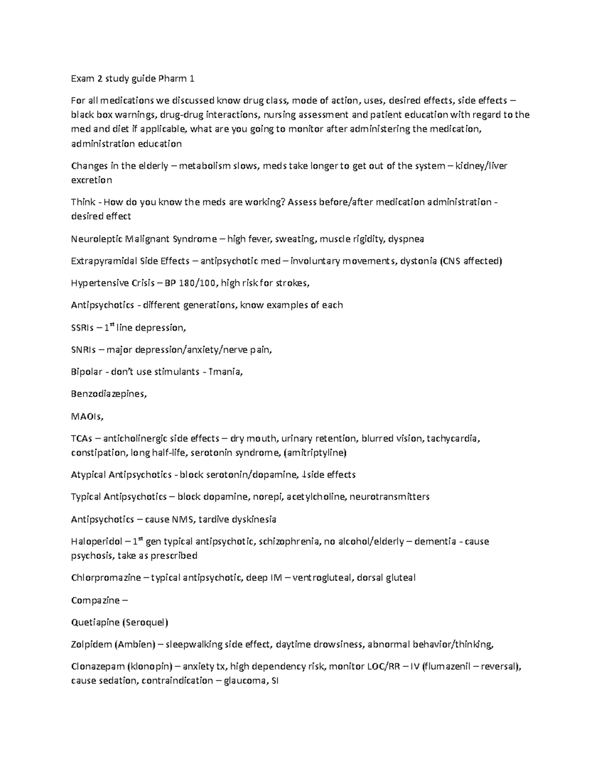 Pharm 1 Exam 2 Review: Drug Classes, Actions & Patient Insights - Studocu