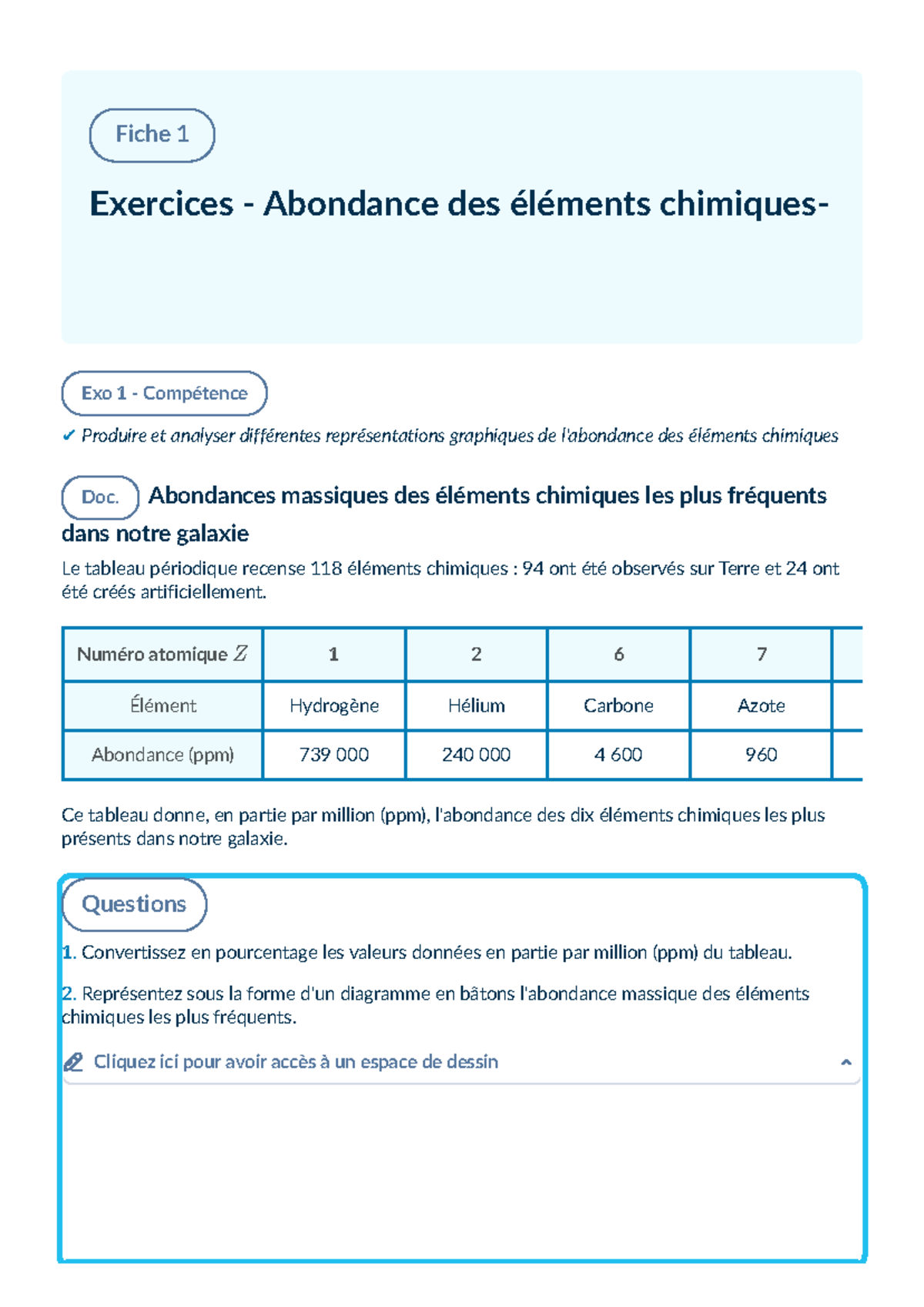 Exercices sur l'Abondance des Éléments Chimiques - Fiche 1 - Studocu