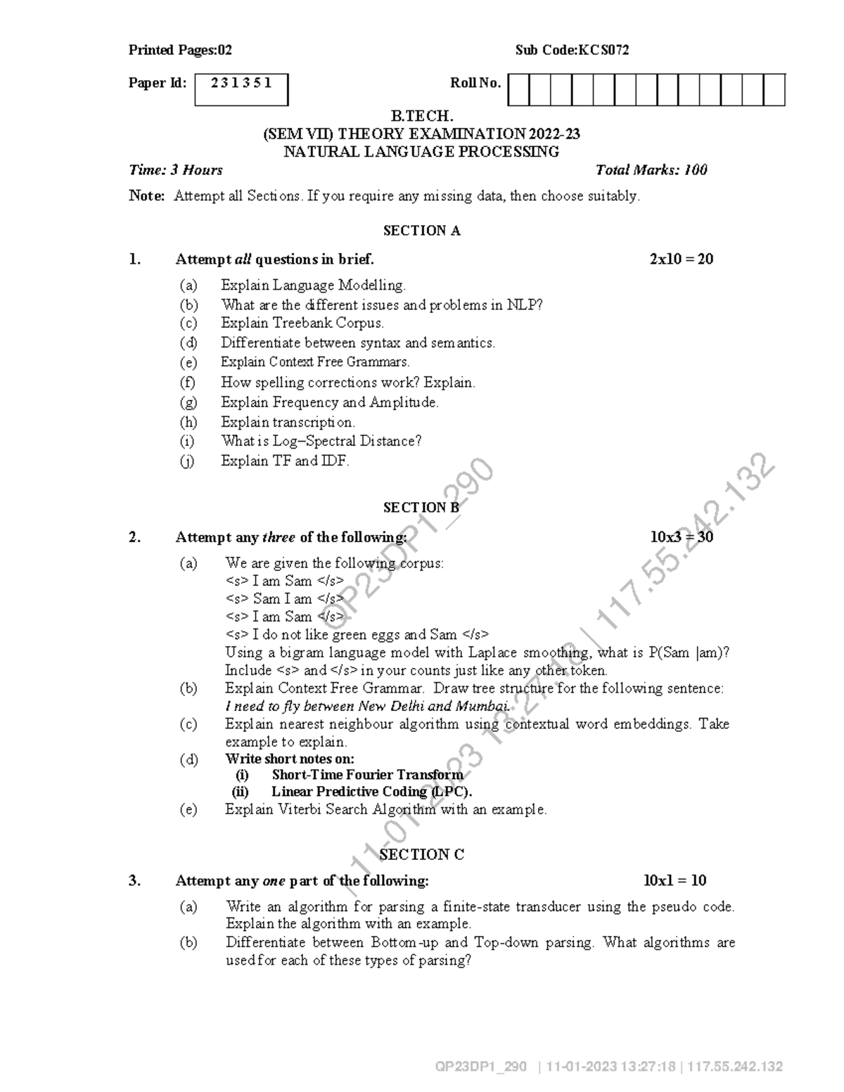 Natural Language Processing KCS072 - QP23DP1_ | 11-01-2023 13:27:18 | 117.55. QP23DP1_290 ...