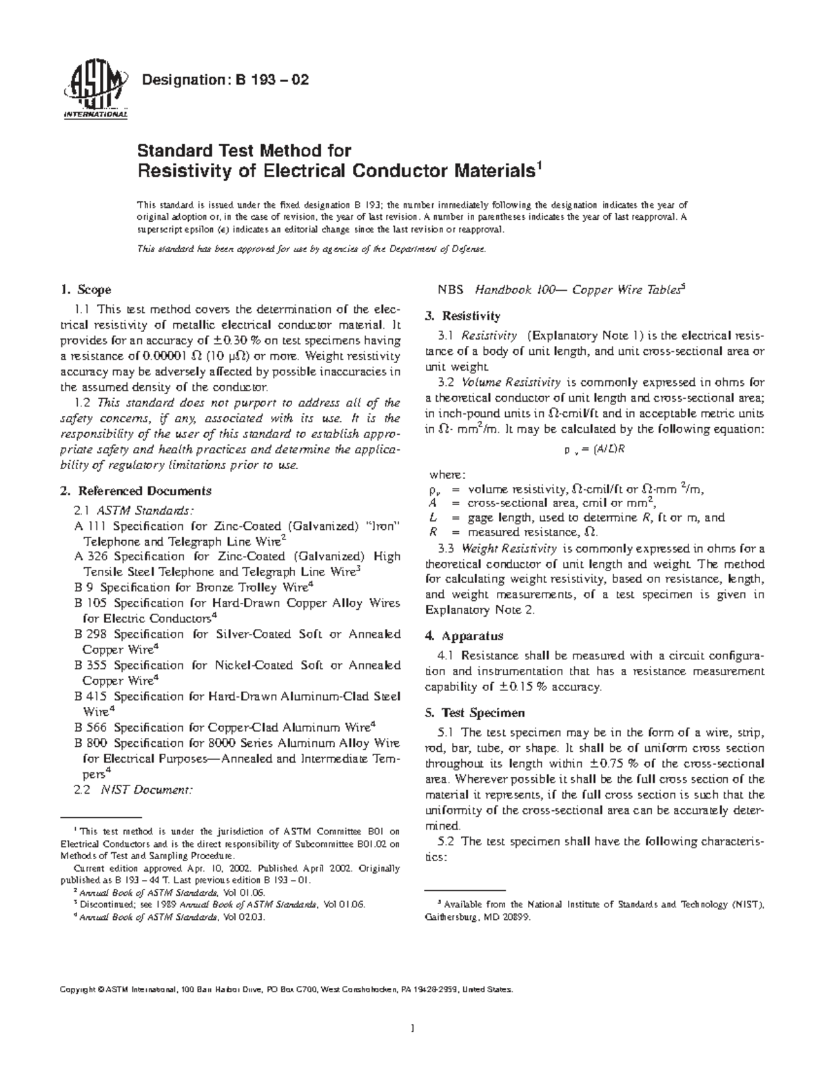 B 193 02 Standard Test Method for Electrical Resistivity of Conductors ...