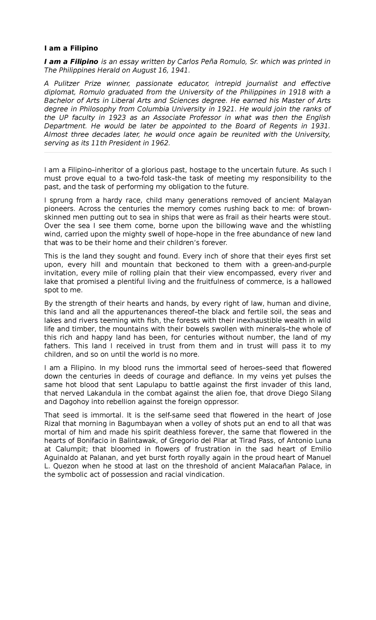 I am a Filipino: Oratorical Manuscript by Carlos Peña Romulo - Studocu