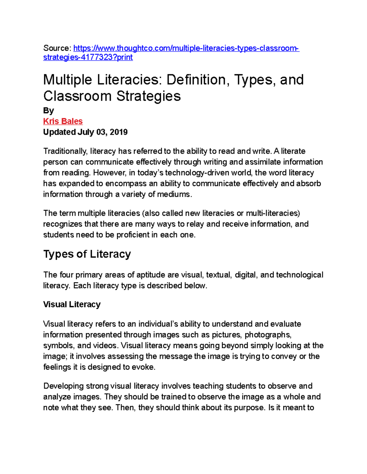 ENG 202: Multiple Literacies: Definitions, Types, and Classroom Methods ...