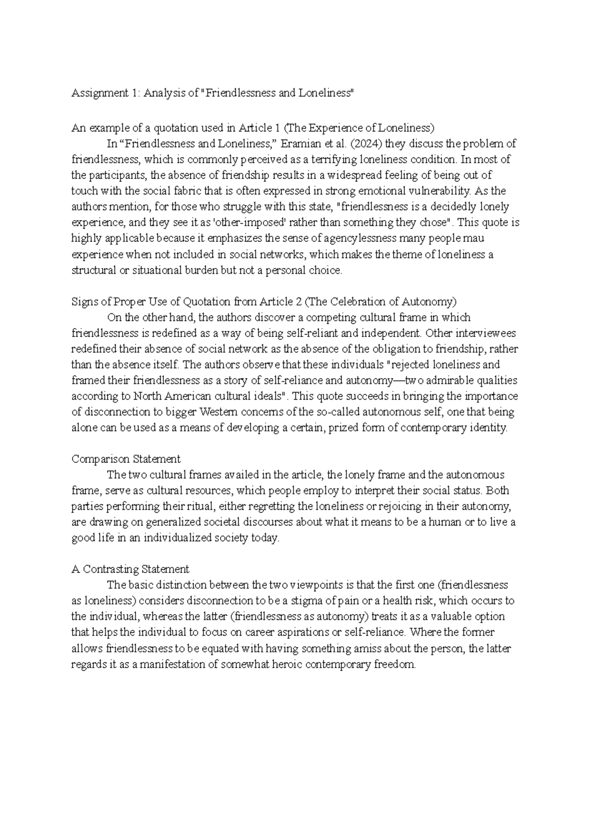 Assignment 1: Analysis of "Friendlessness and Loneliness" in Eramian et ...